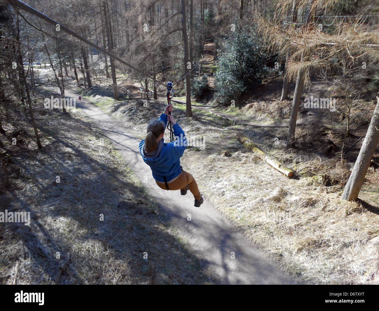 teenager on the GO Ape obstacle course at Dalby forest , england uk ...