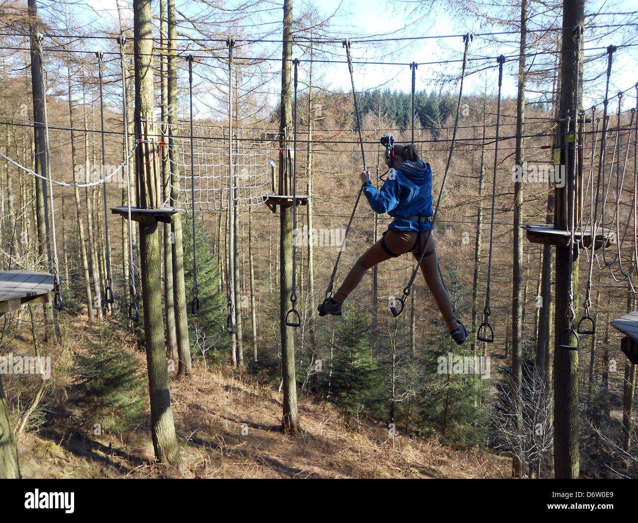 Teenage girl doing Go Ape in Dalby forest Stock Photo - Alamy