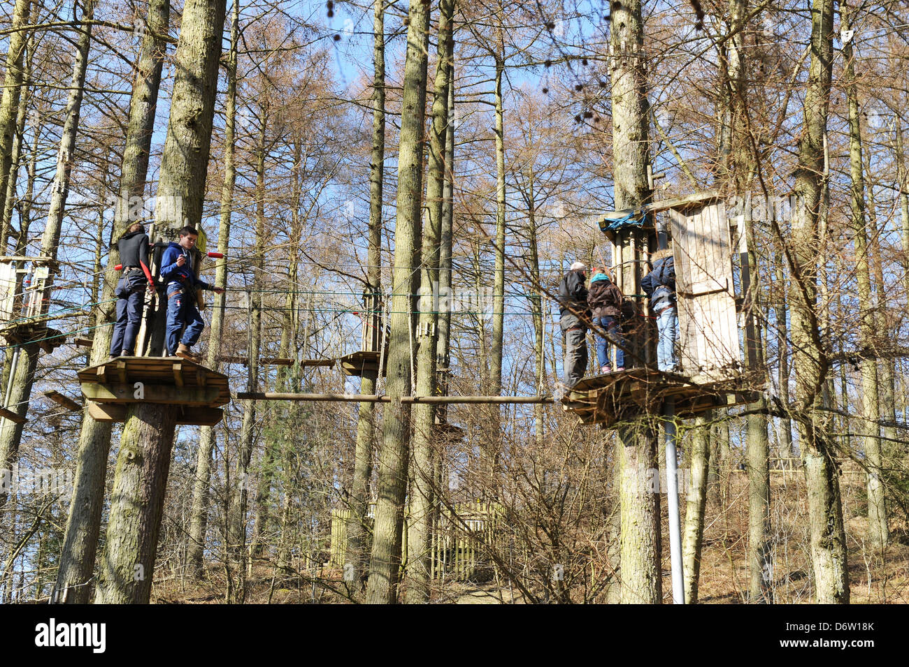 teenager on the GO Ape obstacle course at Dalby forest , england uk ...