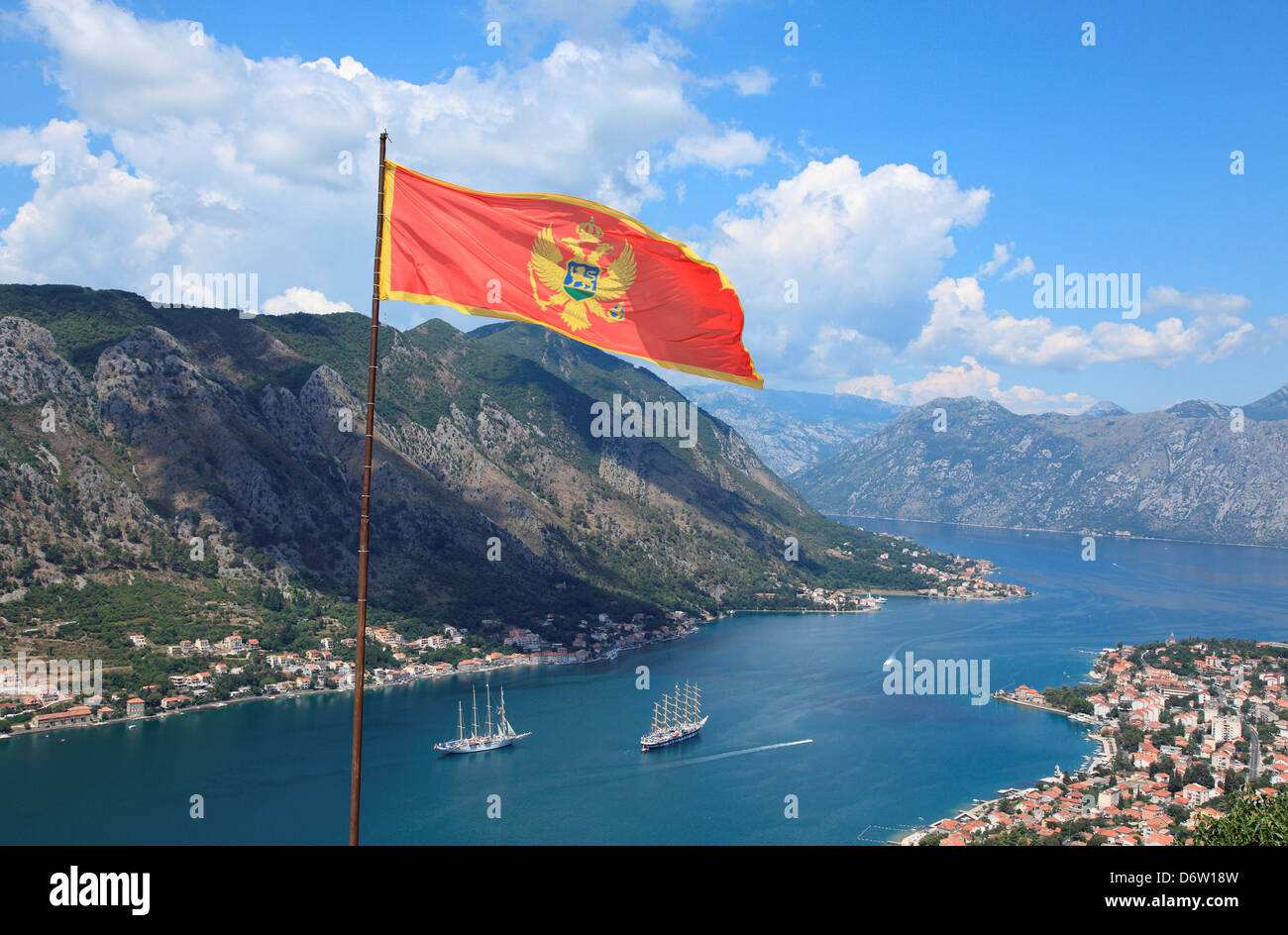 Montenegro, Kotor Fjord, Montenegro Flag on St. Ivan's Fortress ...