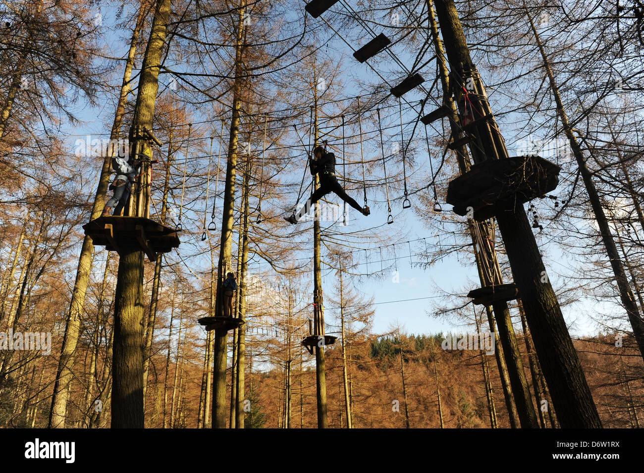 teenage girls doing the obstacle course at Dalby Forest, north ...