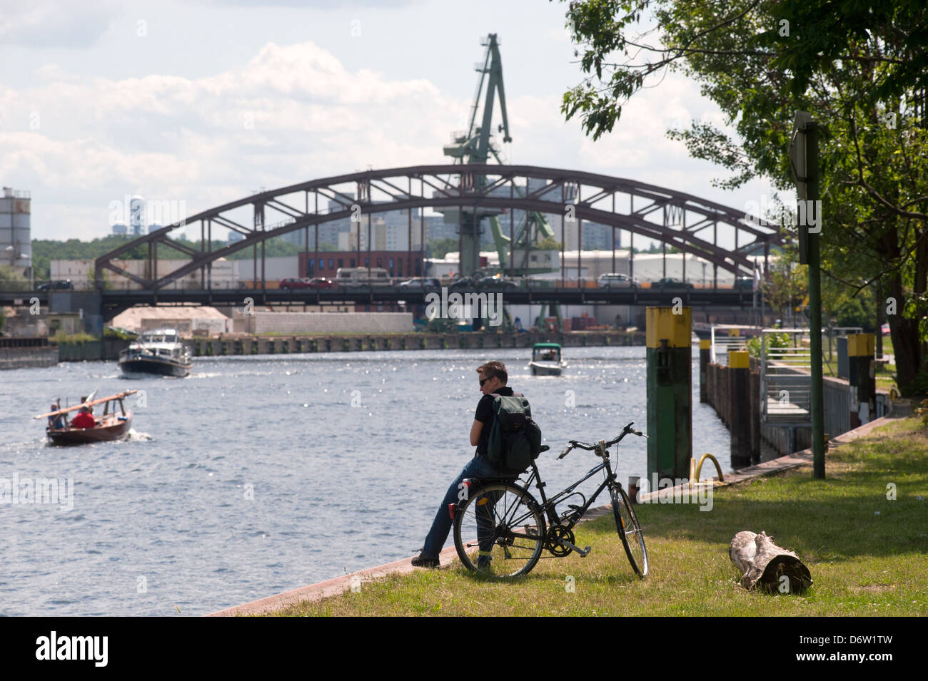 Berlin, Germany, Promenade in Spandau Wilhelm city with Havel, ships ...