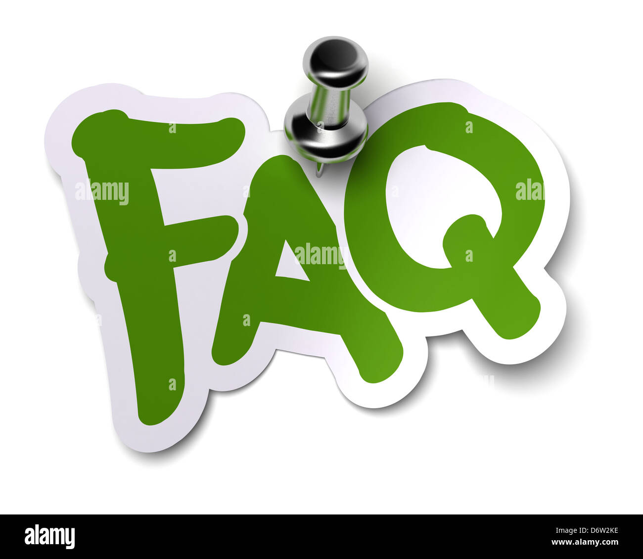 green FAQ sticker over a white background fixed with a metal thumbtack ...