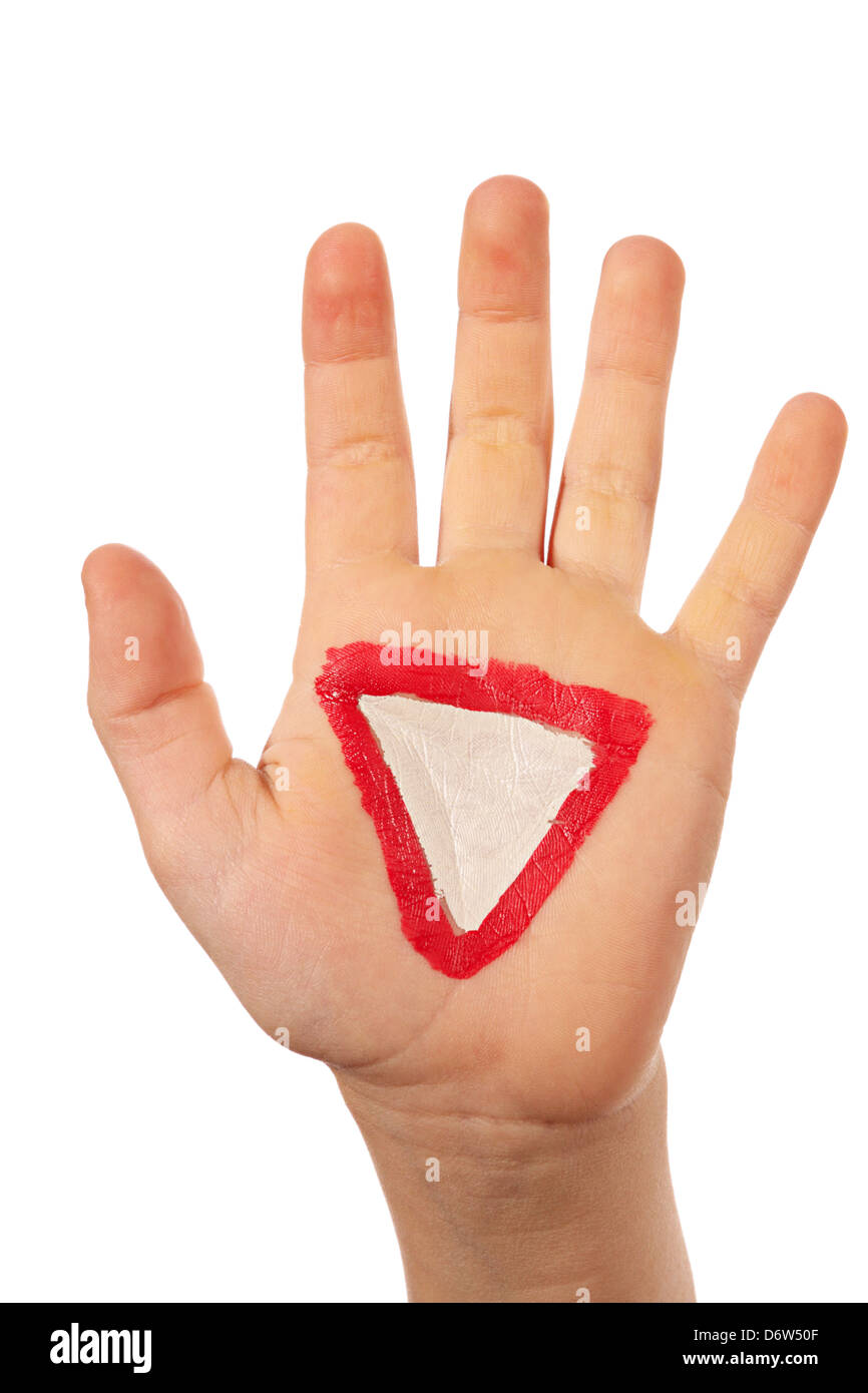 Hand with the drawn road sign "give way". Isolated on a white Stock ...