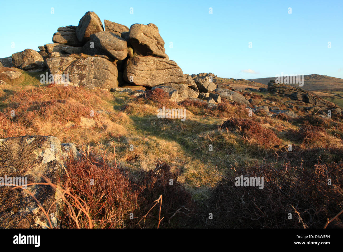 Early spring evening view Saddle Tor from Holwell Tor - Dartmoor ...