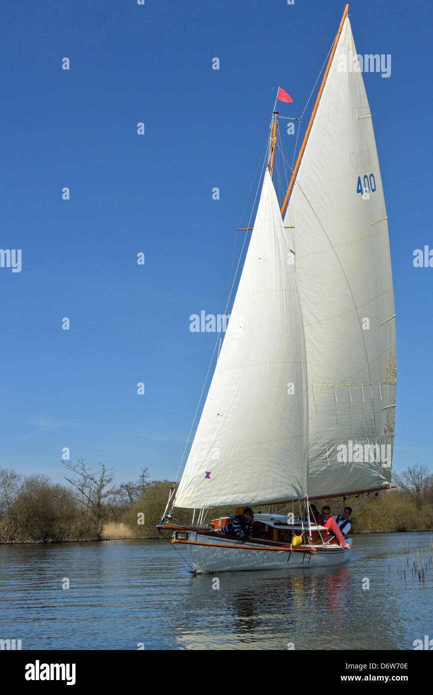 Broads sailing boat on the River Bure downstream from Horning, Norfolk ...