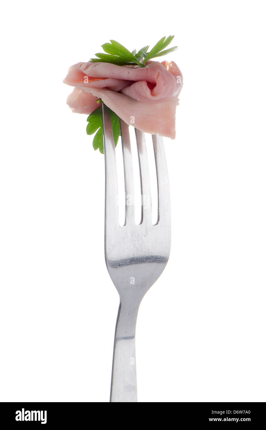 Slice of ham skewered on a fork isolated on white background Stock ...