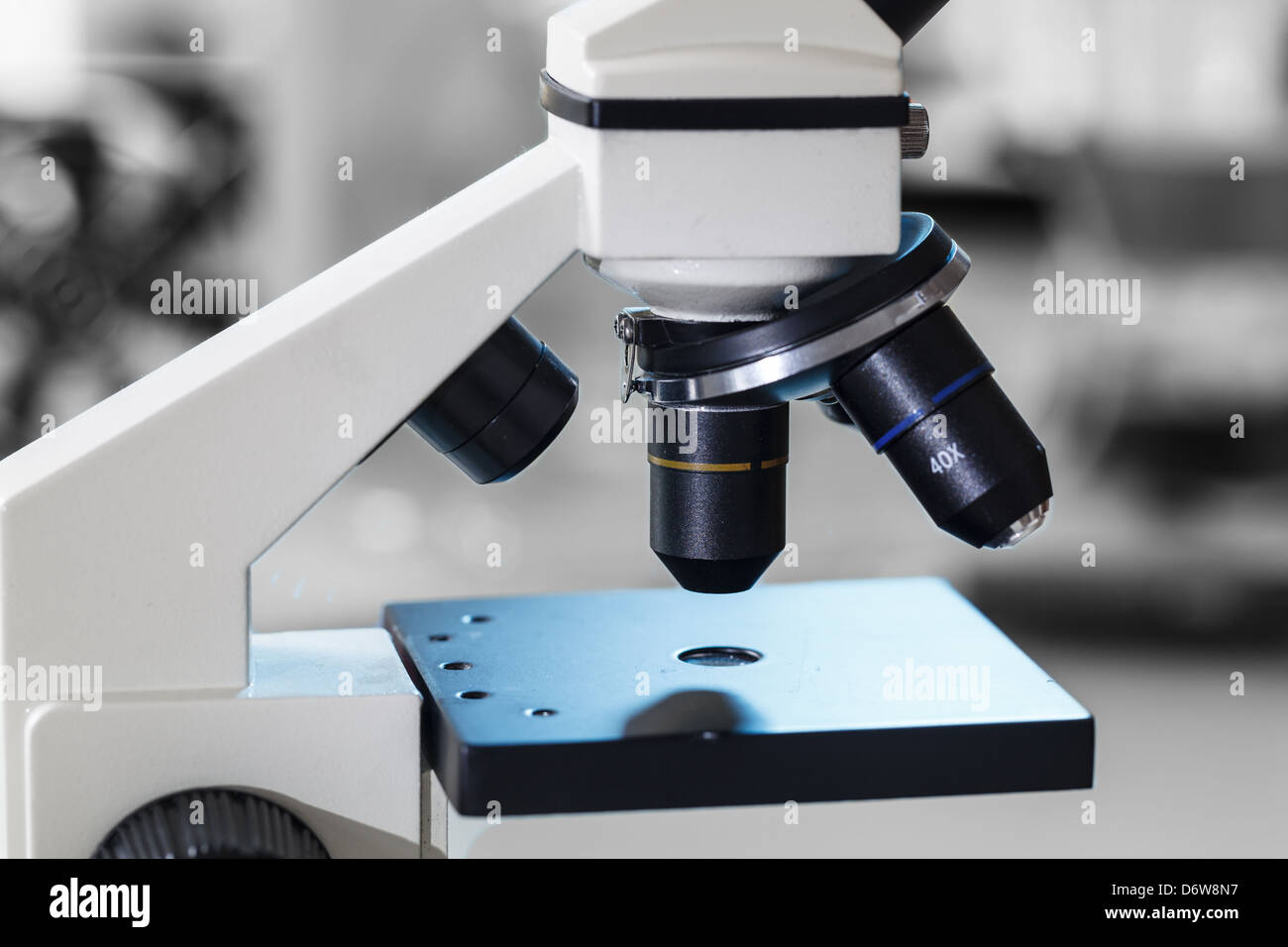 Objective and the object table of laboratory microscope Stock Photo - Alamy