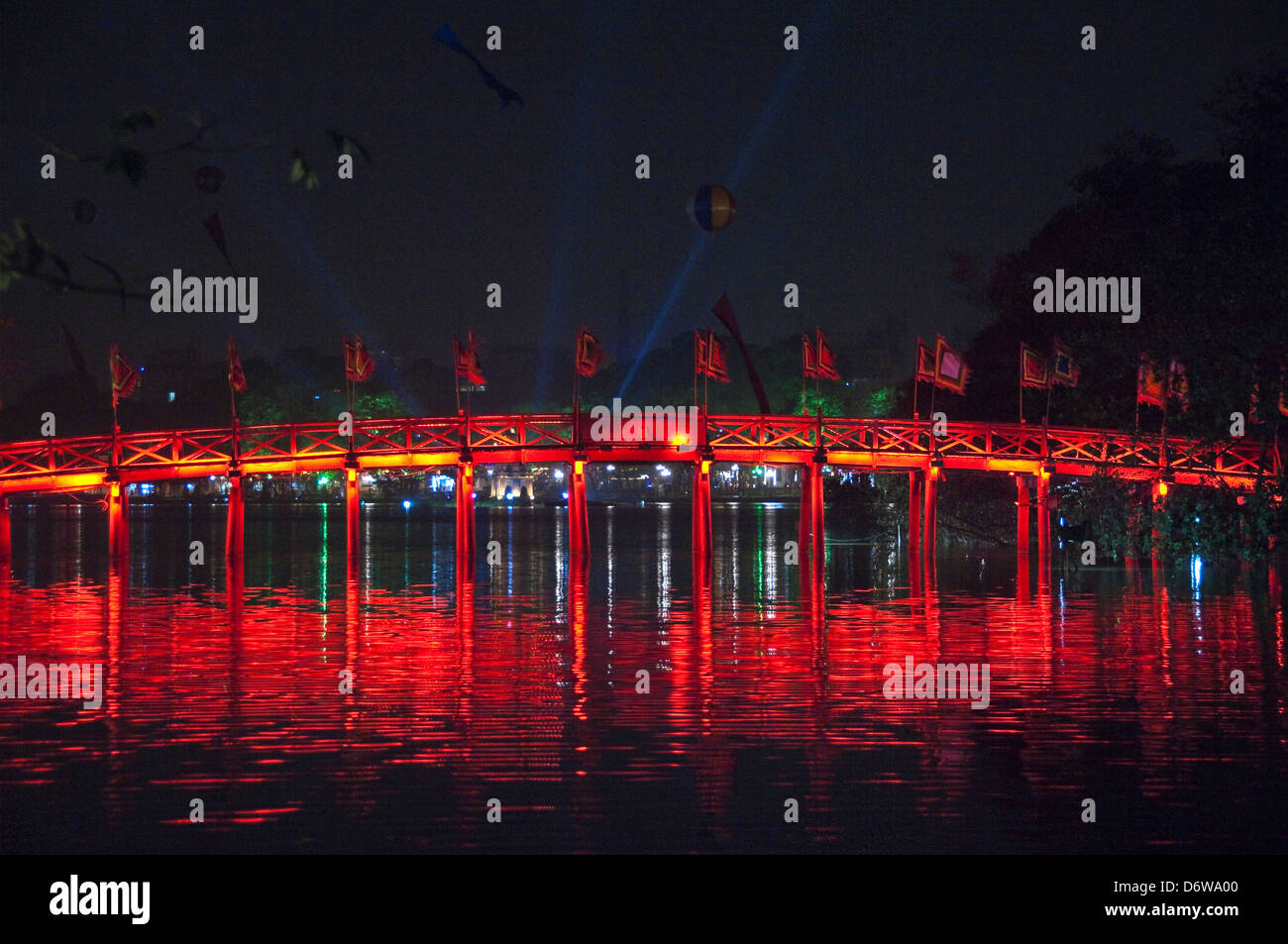 Horizontal wide angle view of The Huc bridge, Thê Húc bridge crossing ...