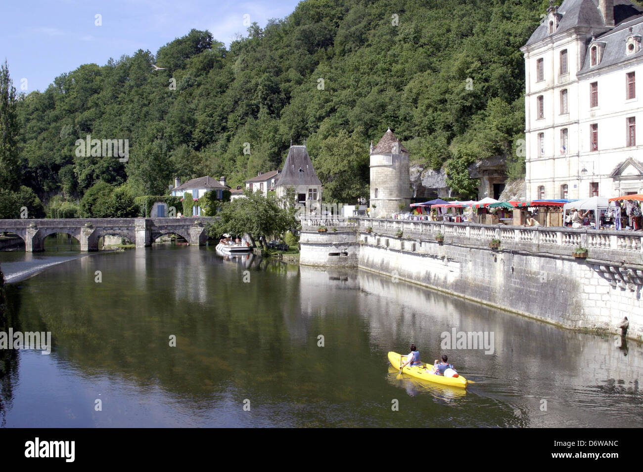 France, Dordogne, Brantome, Historic architecture along River Dronne ...
