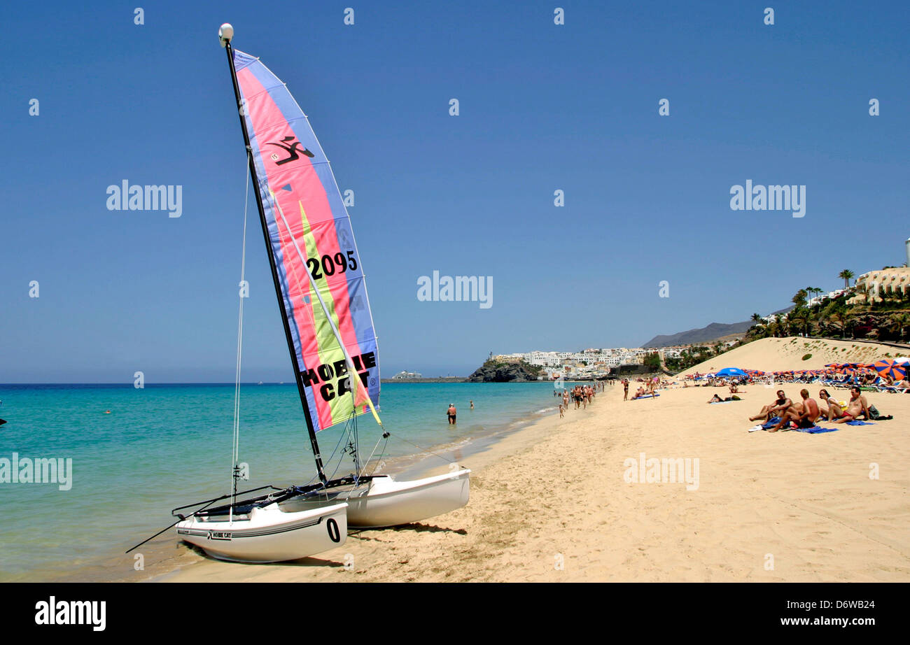 Spain, Canary Islands, Playa Del Jable, Beach, Catamaran Stock Photo ...