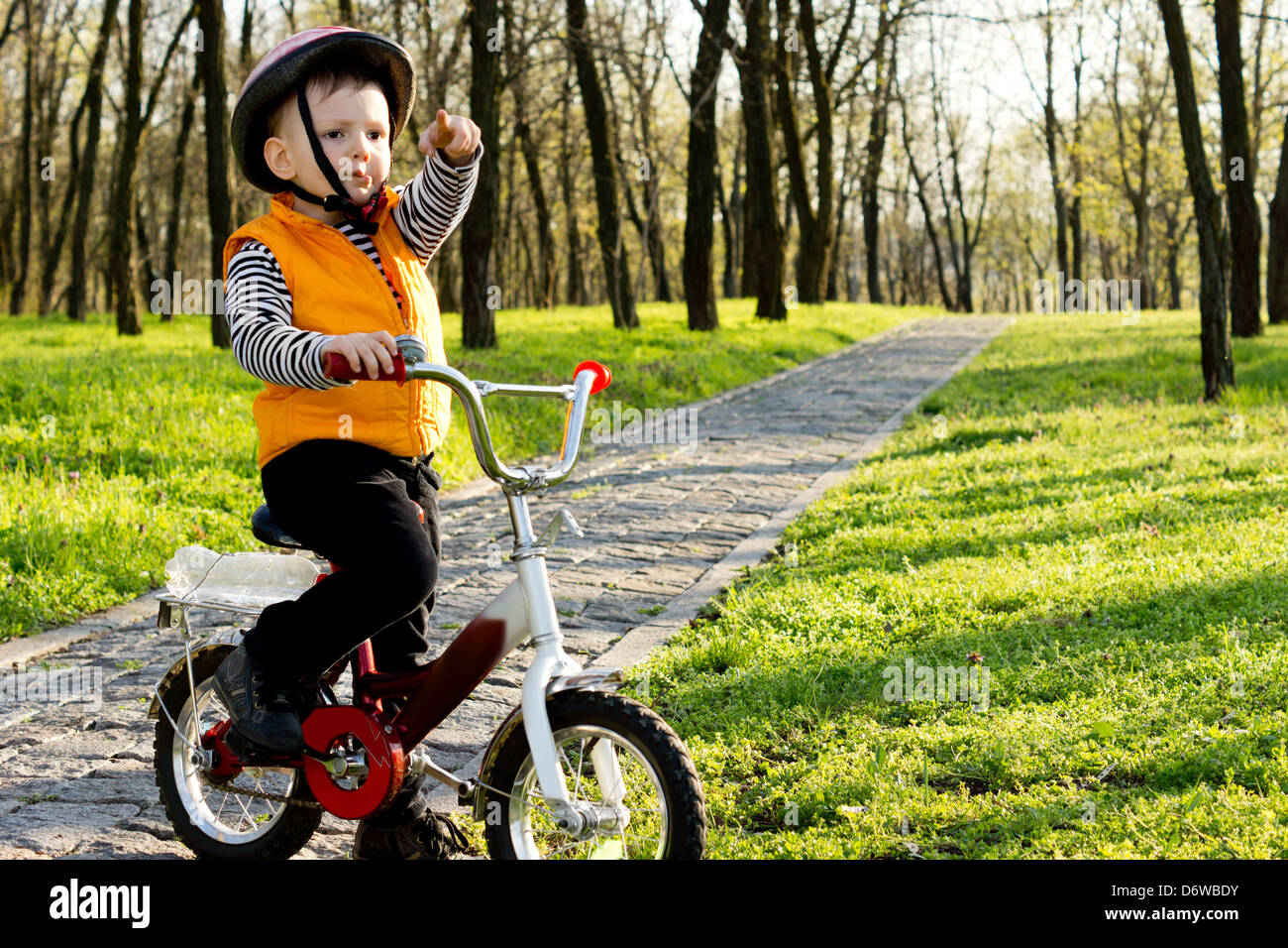 Proud little boy boy with his bike standing on a paved path through a ...