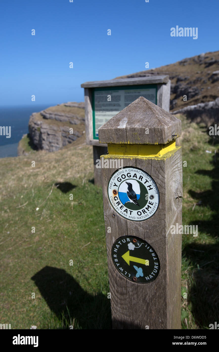 The town of Llandudno, Wales. A Great Orme Nature Trail signpost on the ...