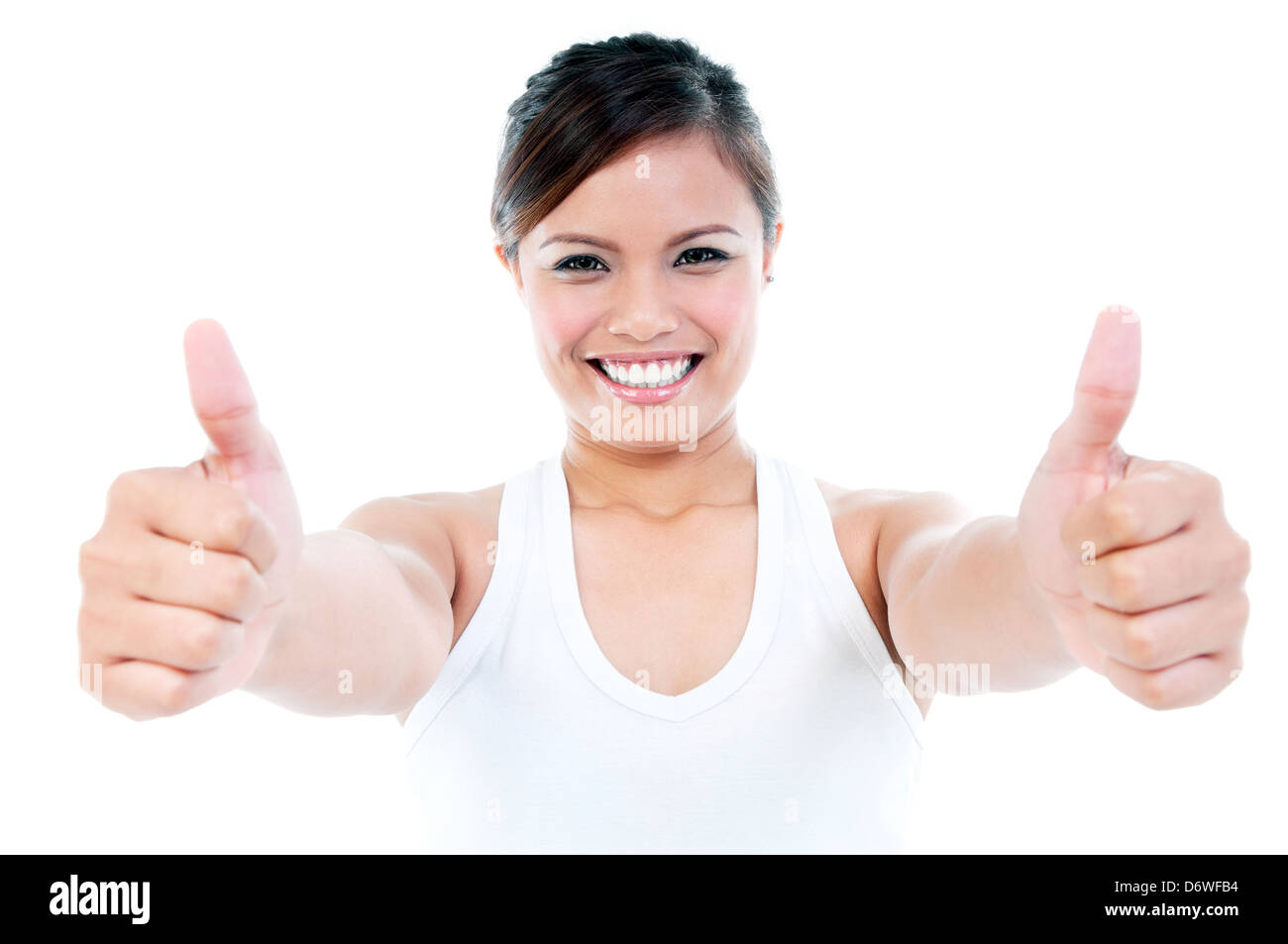 Beautiful smiling woman giving two thumbs up, portrait Stock Photo - Alamy Beautiful smiling woman giving two thumbs up, portrait Stock Photo - Alamy