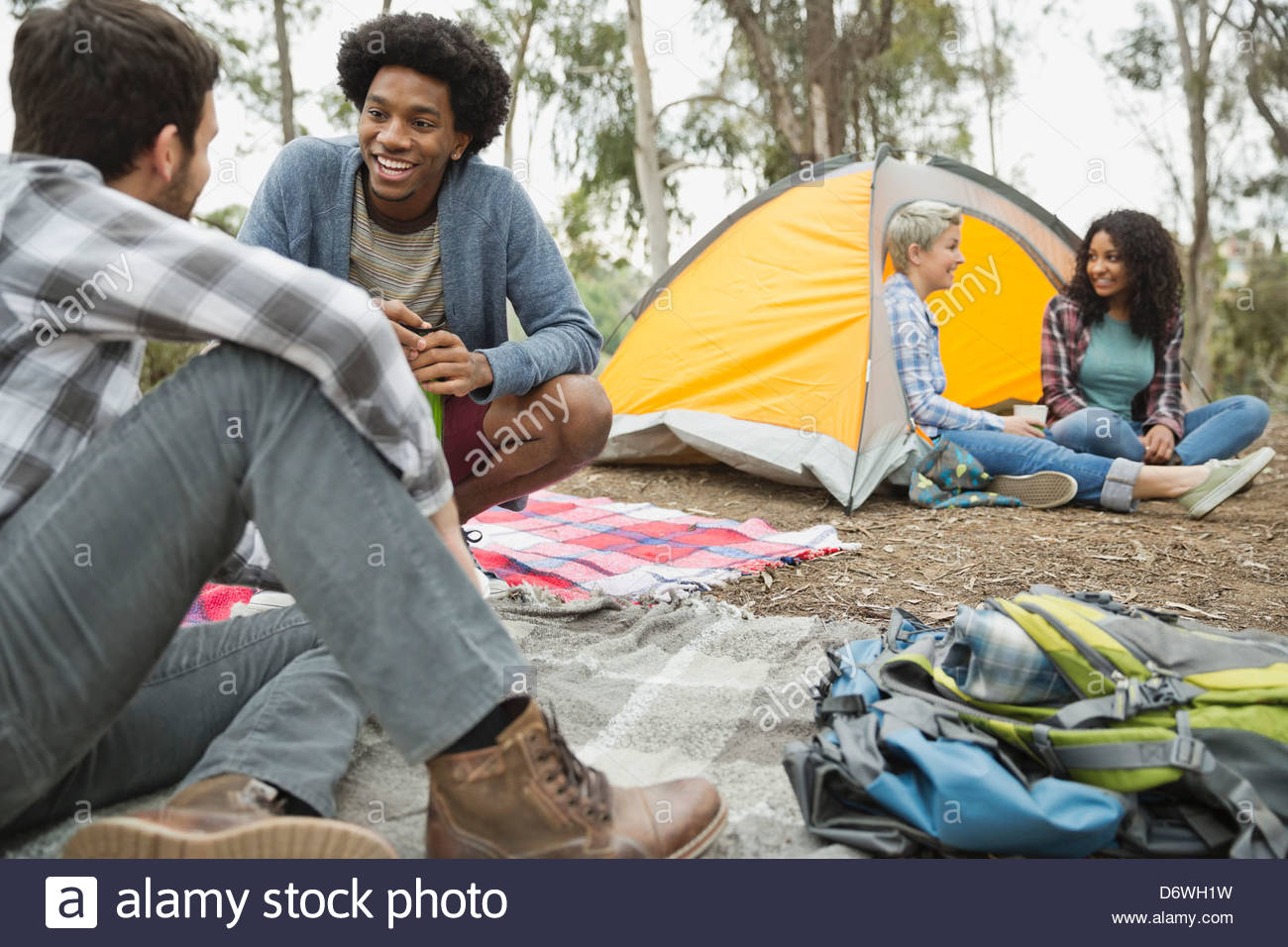 Happy friends talking while camping Stock Photo - Alamy