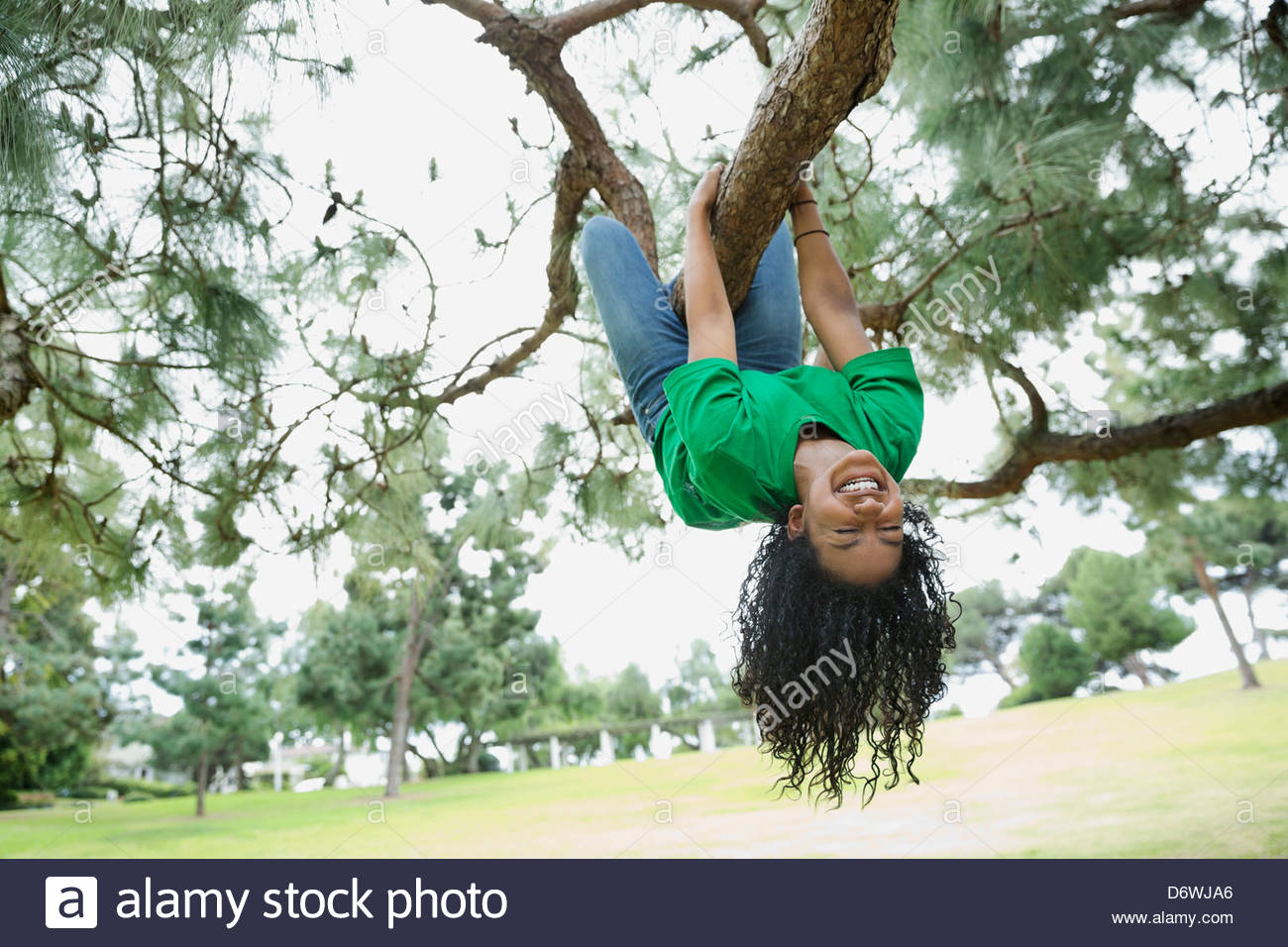Happy female volunteer hanging upside down from tree branch Stock Photo ...