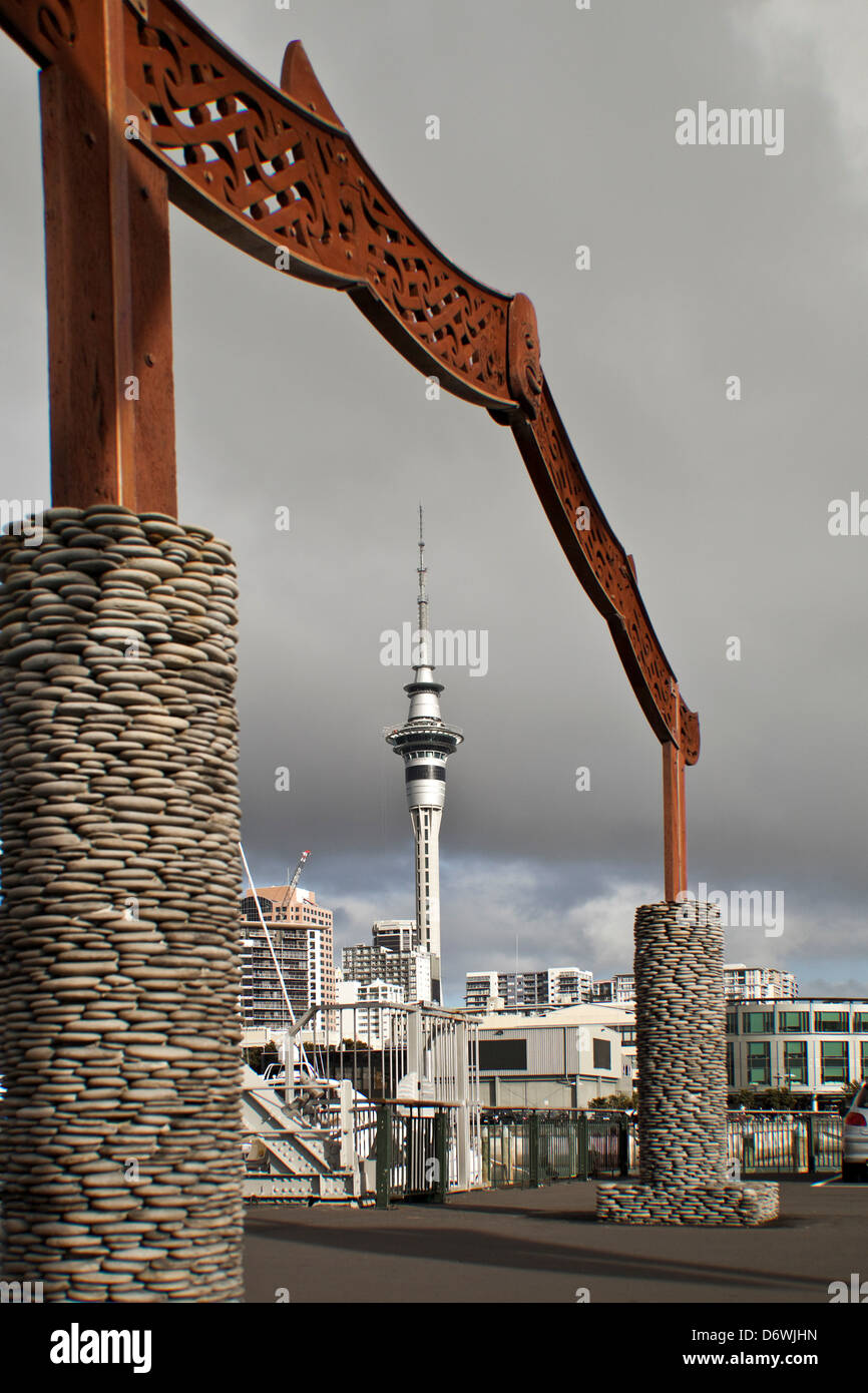 New Zealand, Auckland, Harbour with native style timber arch Stock ...