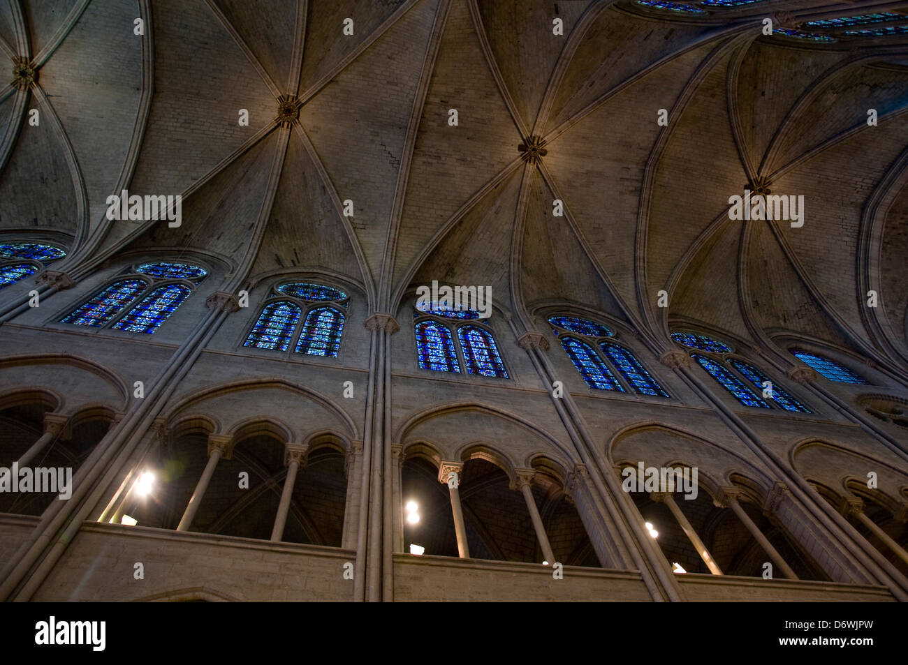 France, Paris, Looking up at ceiling of Notre Dame Cathedral Stock ...