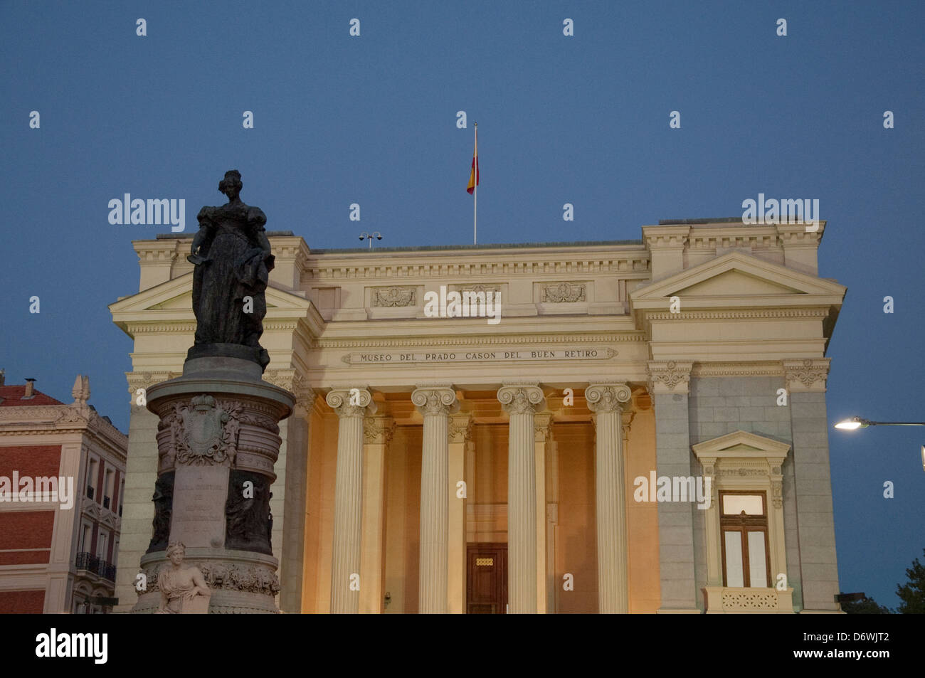 Spain, Madrid, Night view of entrance to Prado Art Museum Stock Photo ...