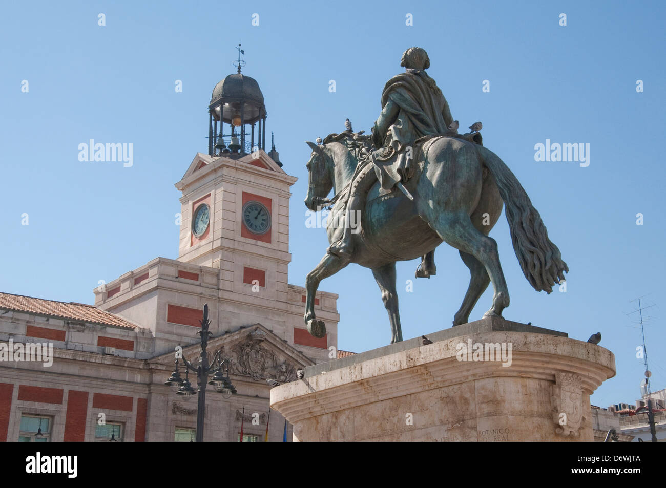 Spain, Madrid, Low angle view of statue of mounted King Charles III in ...