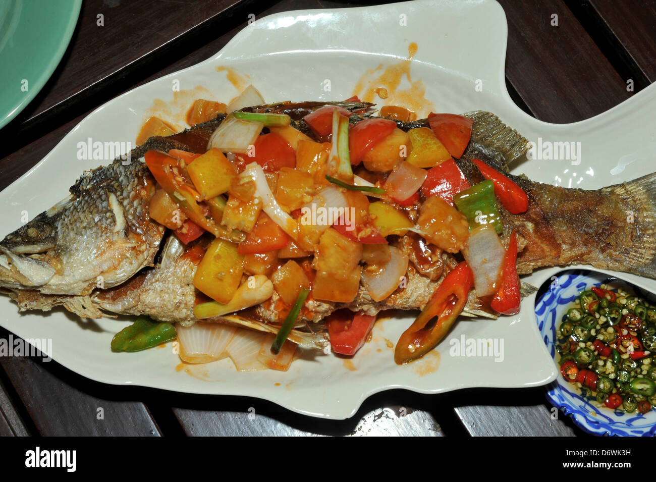 Thailand, Fried Gulf of Thailand fish with sweet/sour pineapple sauce ...