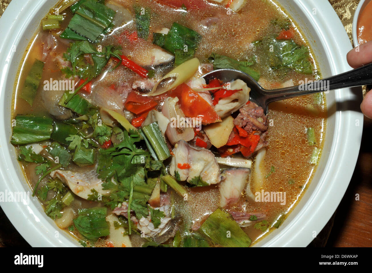 Thailand, Khon kaen, Tom Yam Plaa Chawn, Spicy Fish and Vegetable soup ...
