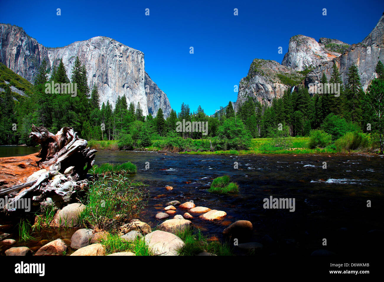 USA, California, Yosemite National Park, El Capitan and Bridalveil Fall ...