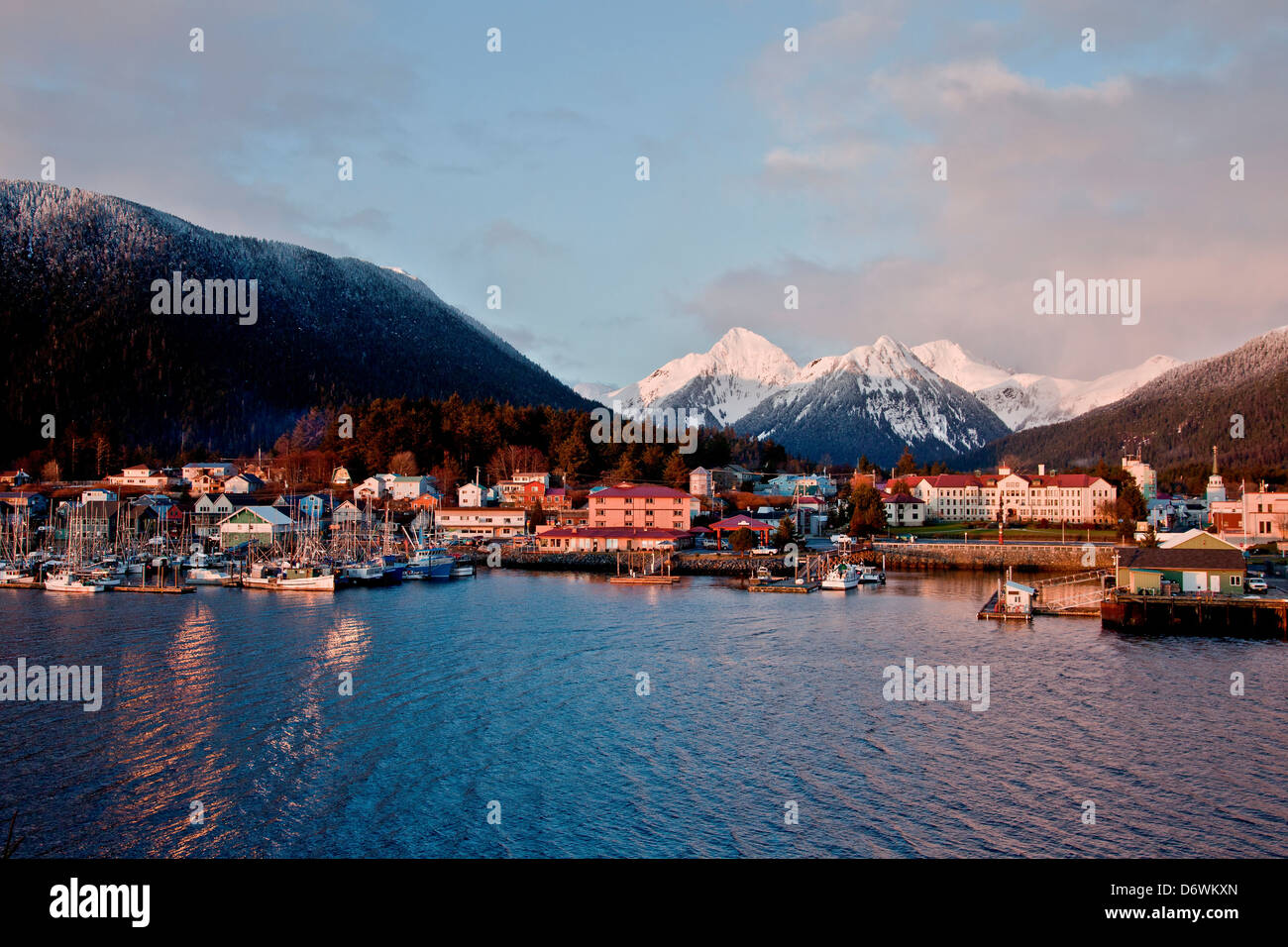 USA, Alaska, Sitka, Downtown Sitka, Sisters Mountains in background ...