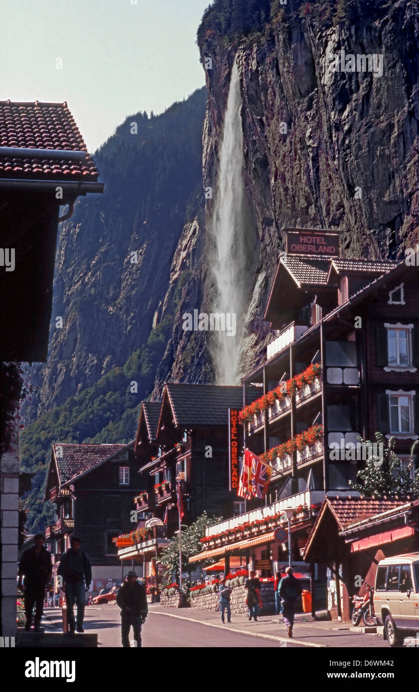 Switzerland, Berner Oberland, Village of Lauterbrunnen with Staubbbach ...