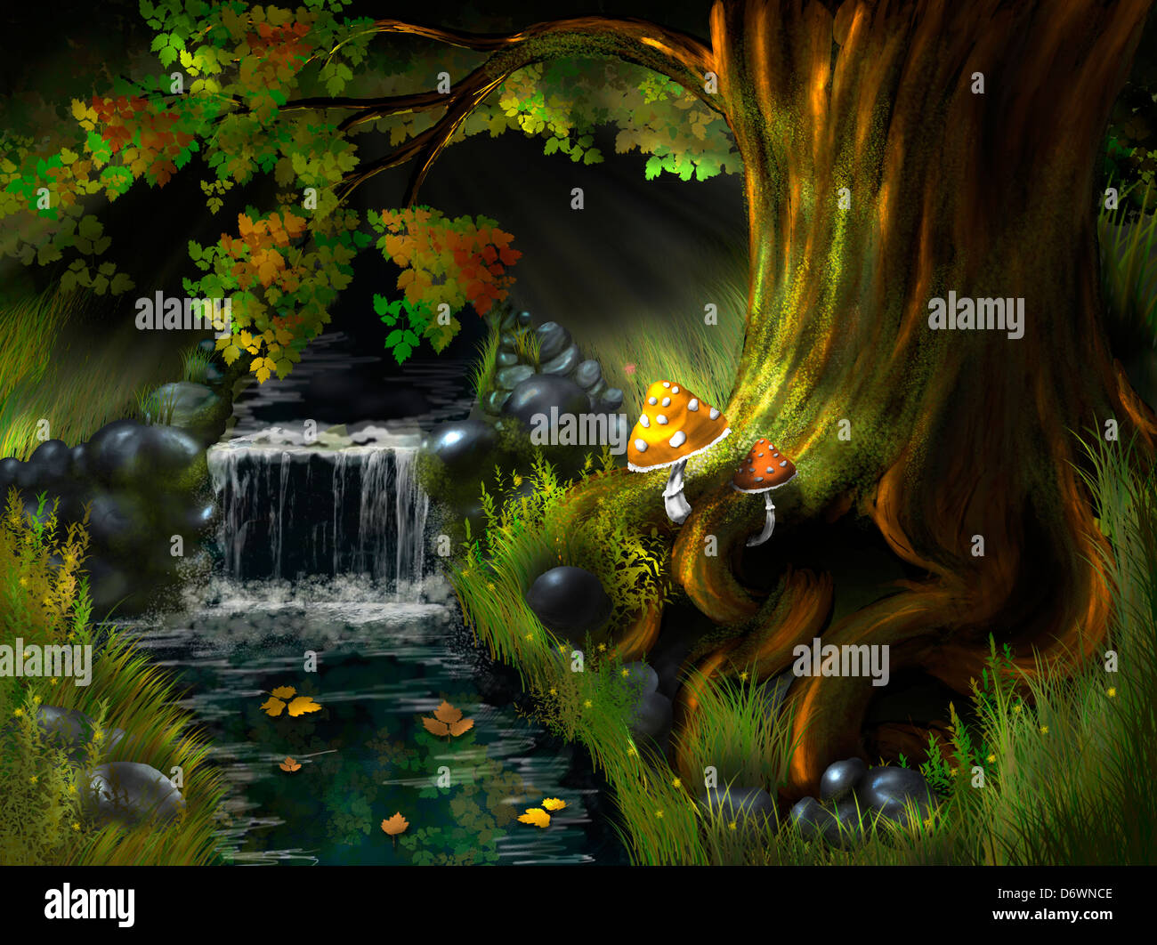 illustration, a stream in the woods under a tree Stock Photo - Alamy