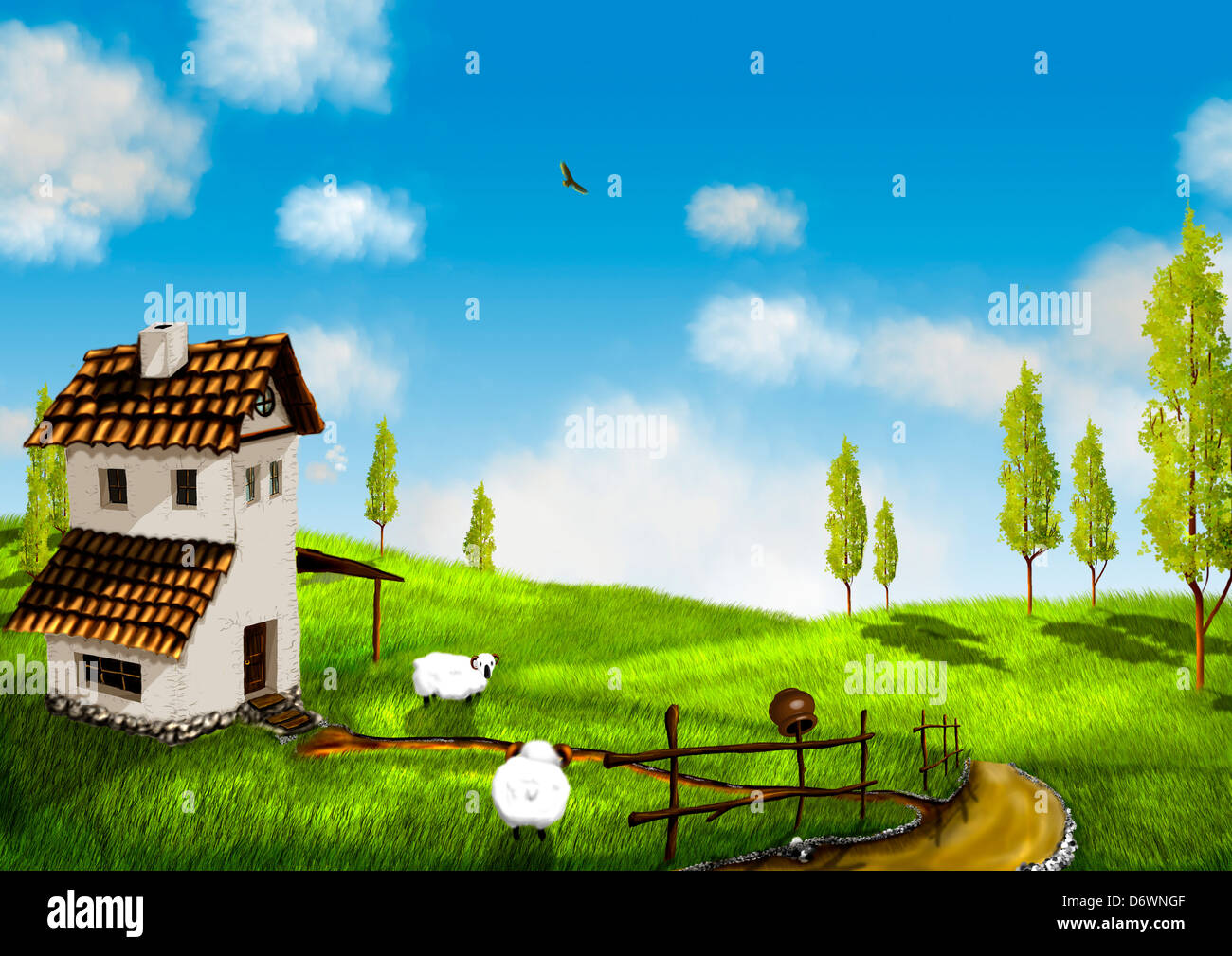 illustration, landscape with house and white sheep Stock Photo - Alamy