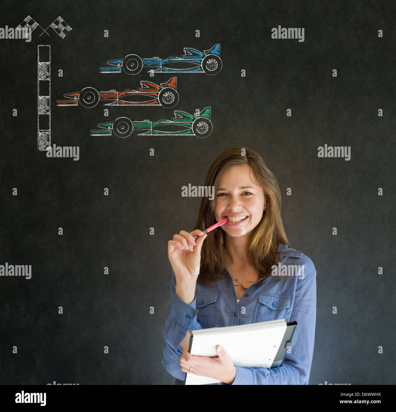 Business woman, student or teacher Formula 1 or F1 racing fan cars on ...