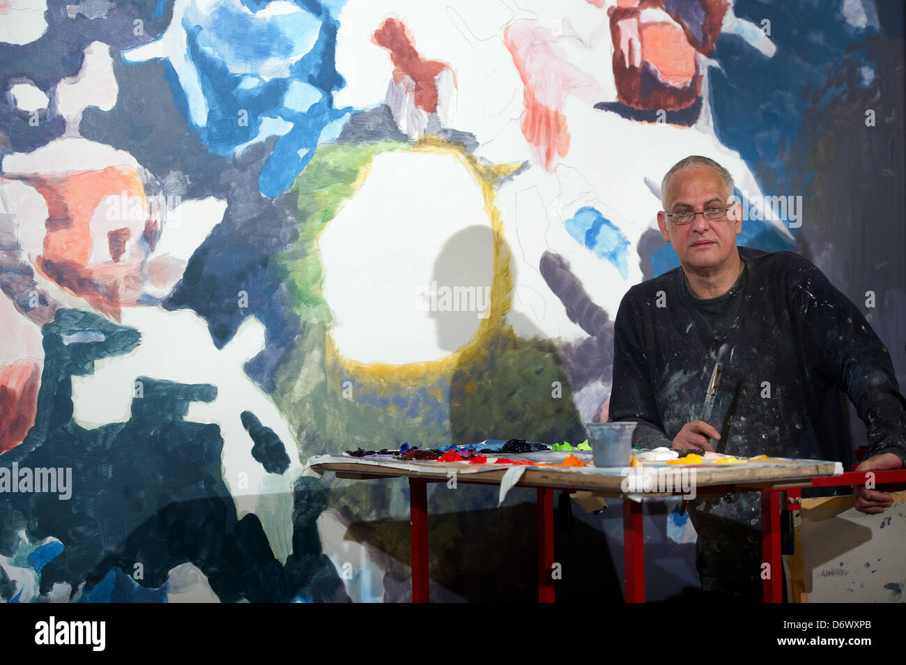 Belgian artist Luc Tuymans works on the wall painting 'Technicolour' at ...