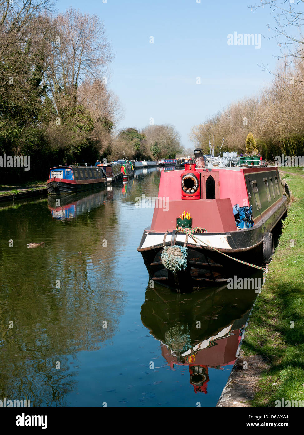 Narrow boats on the Grand Union Canal at Marsworth, Aylesbury, Bucks ...