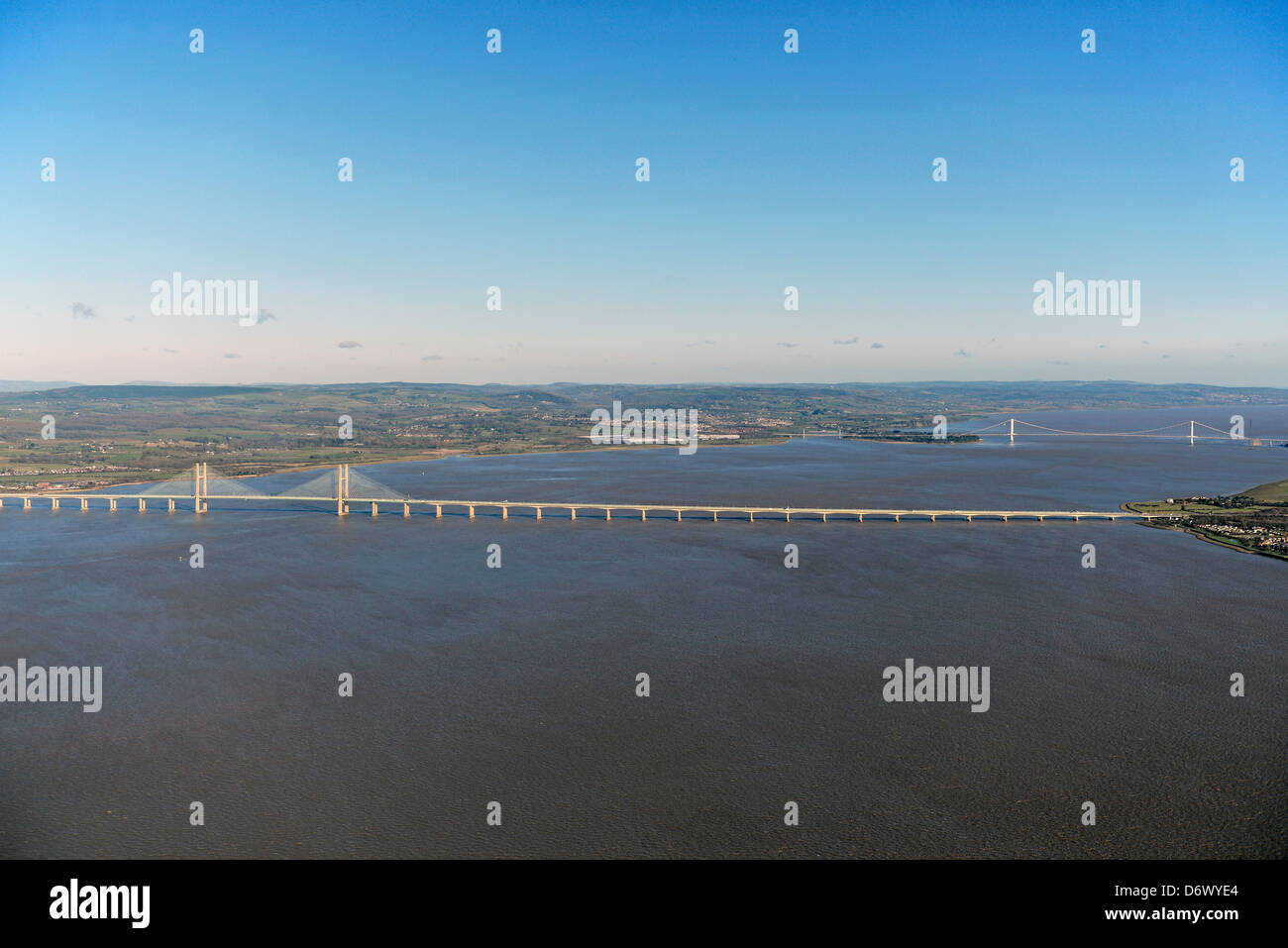 Aerial photograph of Both Severn bridges across the Severn Estuary ...