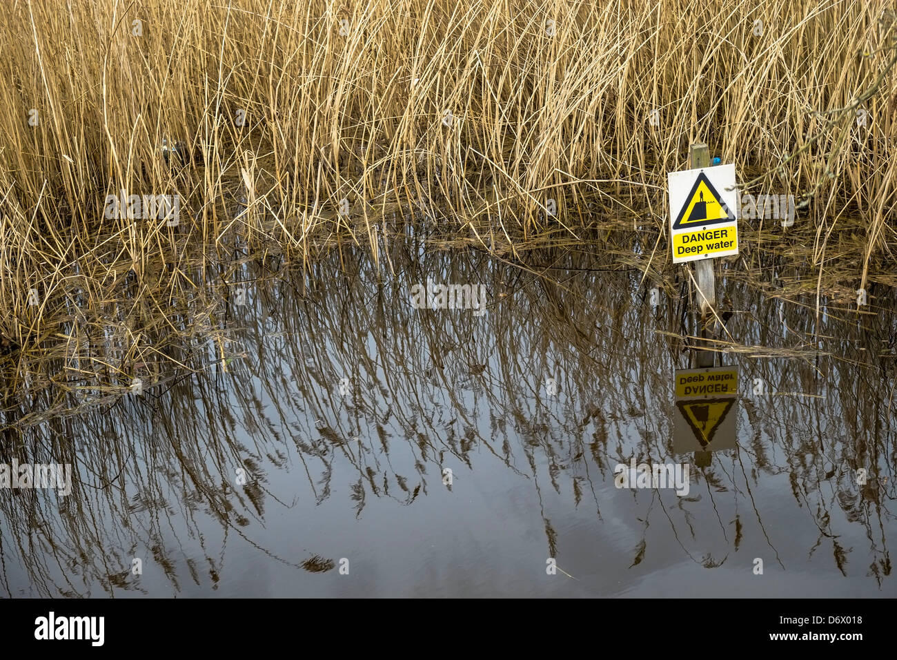 A warning sign for Deep Water in a pond Stock Photo - Alamy