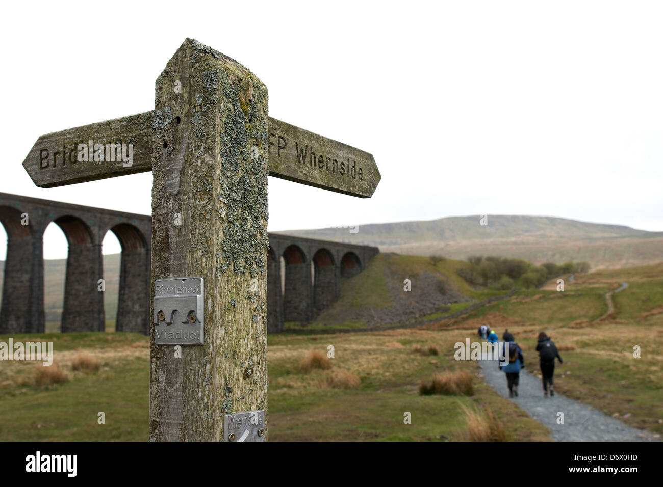 Walkers at Whernside and Ribblehead viaduct in the Yorkshire Dales ...