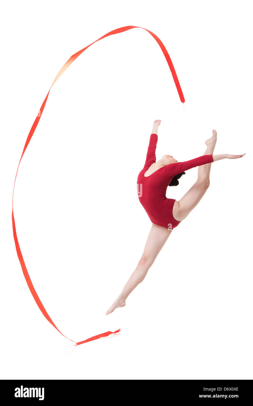 Female gymnast performing rhythmic gymnastics with ribbon Stock Photo ...