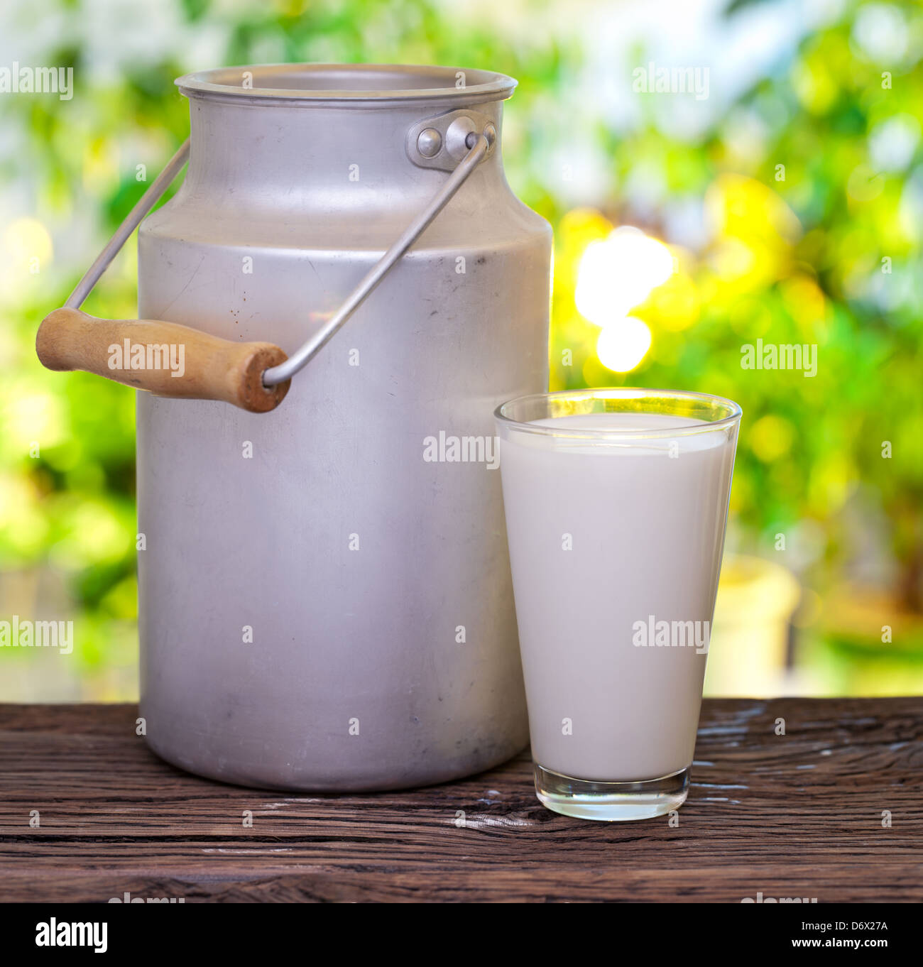 Milk in aluminum can and glass on the old wooden table on outdoor ...