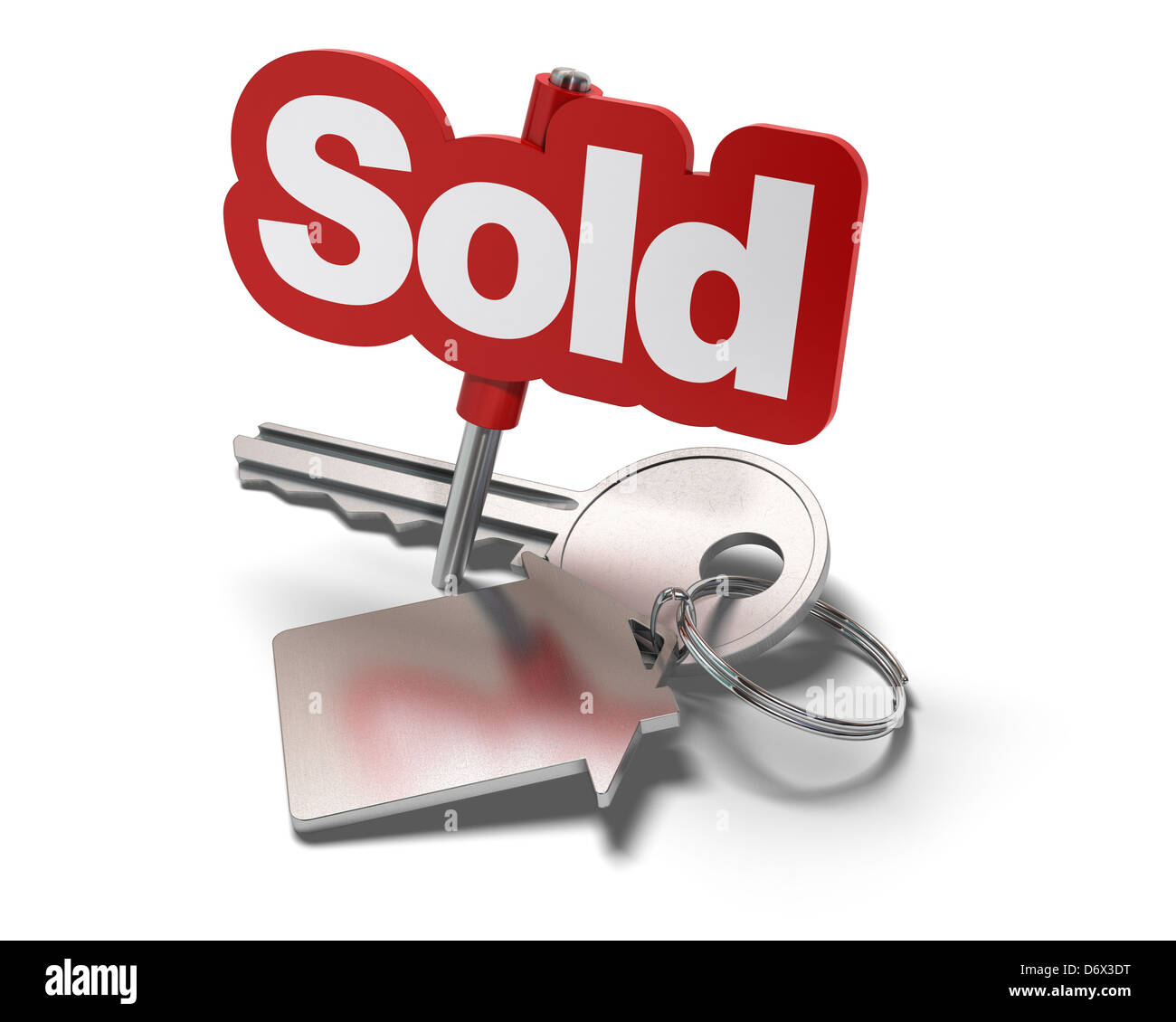 Word sold and key with keyring with shaped house white background ...