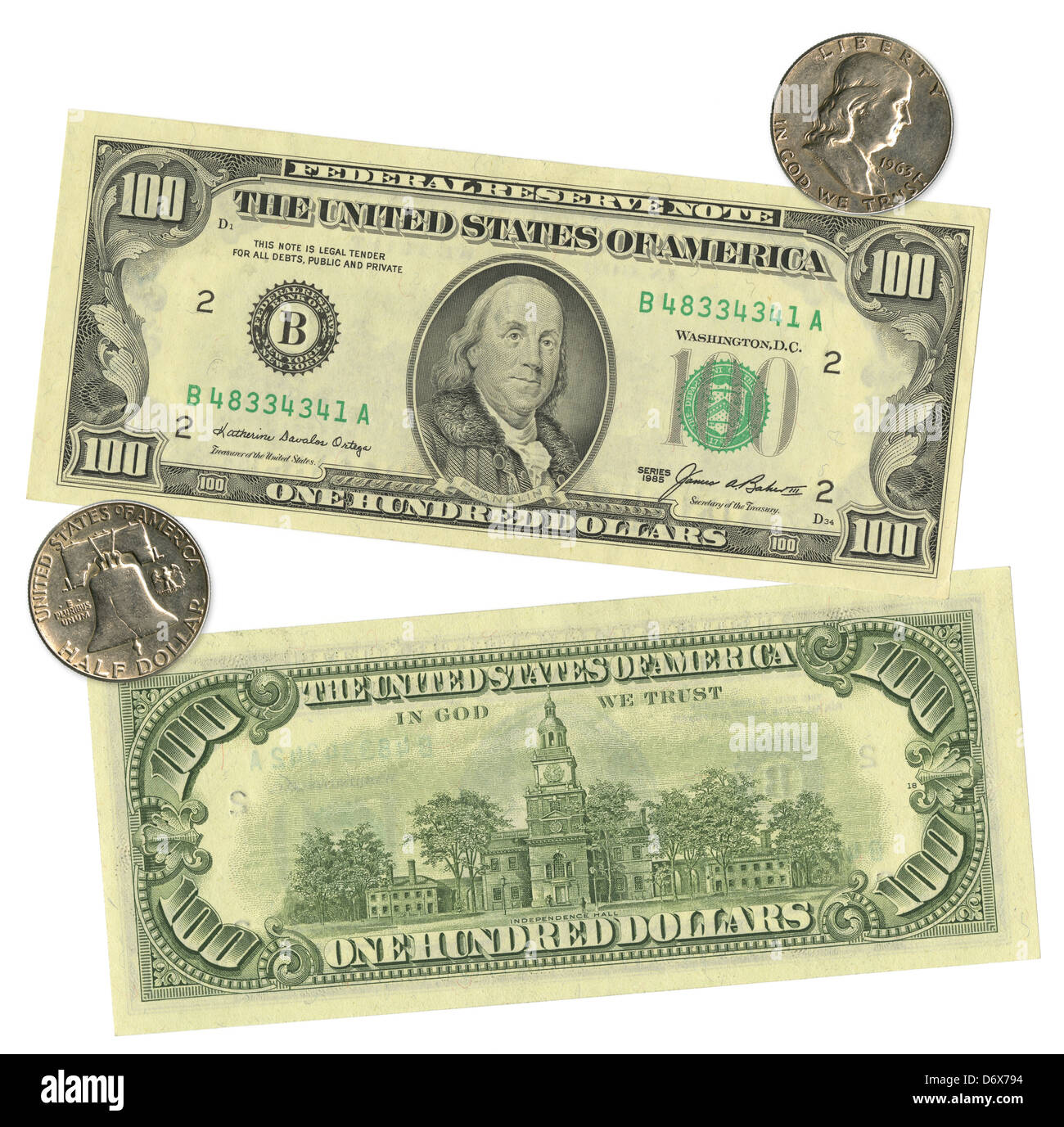 Benjamin Franklin on the US 1985 $100 bill and a 1963 silver half ...