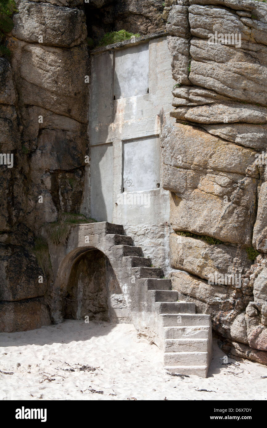 Beach hut built by Rowena Cade carved into the cliff face at Porthcurno ...