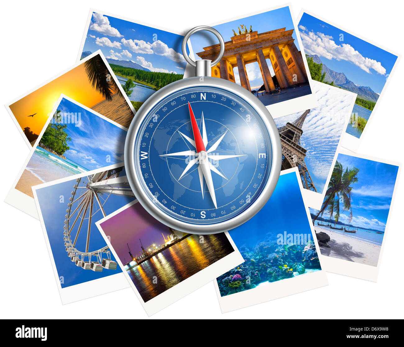 Traveling photos collage with compass isolated on white background ...