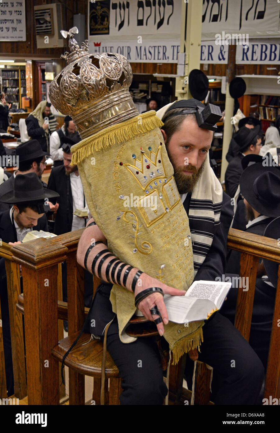 A man wearing a prayer shawl & phylacteries holding a Torah during ...