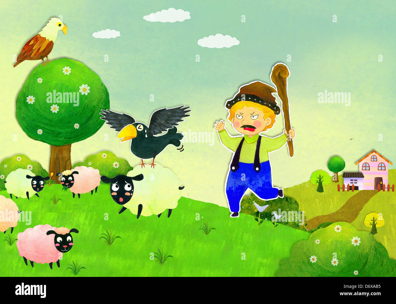 illustration of a farmer scaring away a bird Stock Photo - Alamy