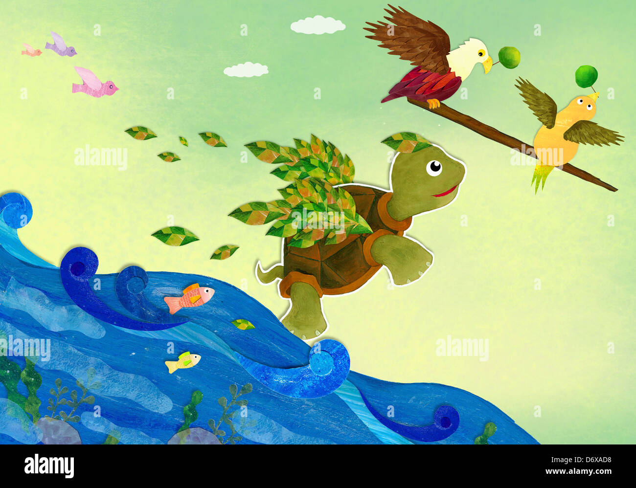 illustration of a turtle jumping to reach birds Stock Photo - Alamy