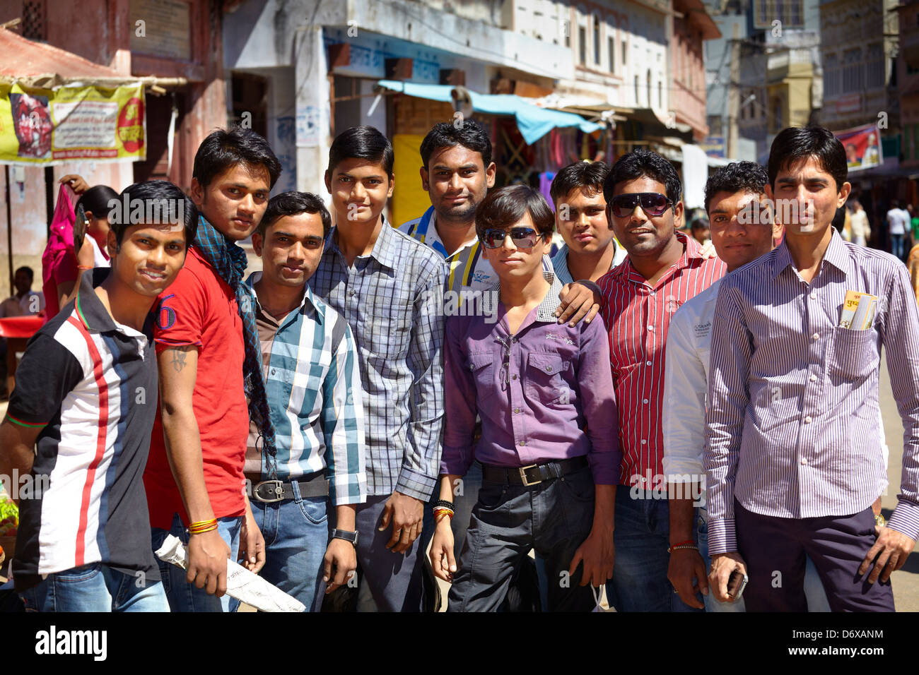 Pushkar street scene, portrait of group of young india men, Pushkar ...