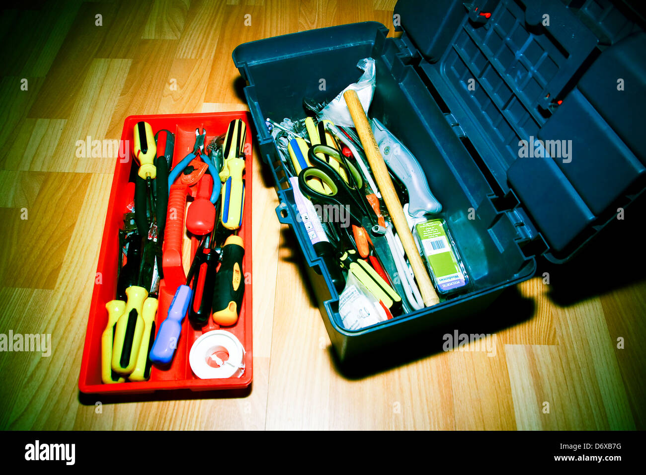 Domestic DIY tool box with common household tools Stock Photo - Alamy