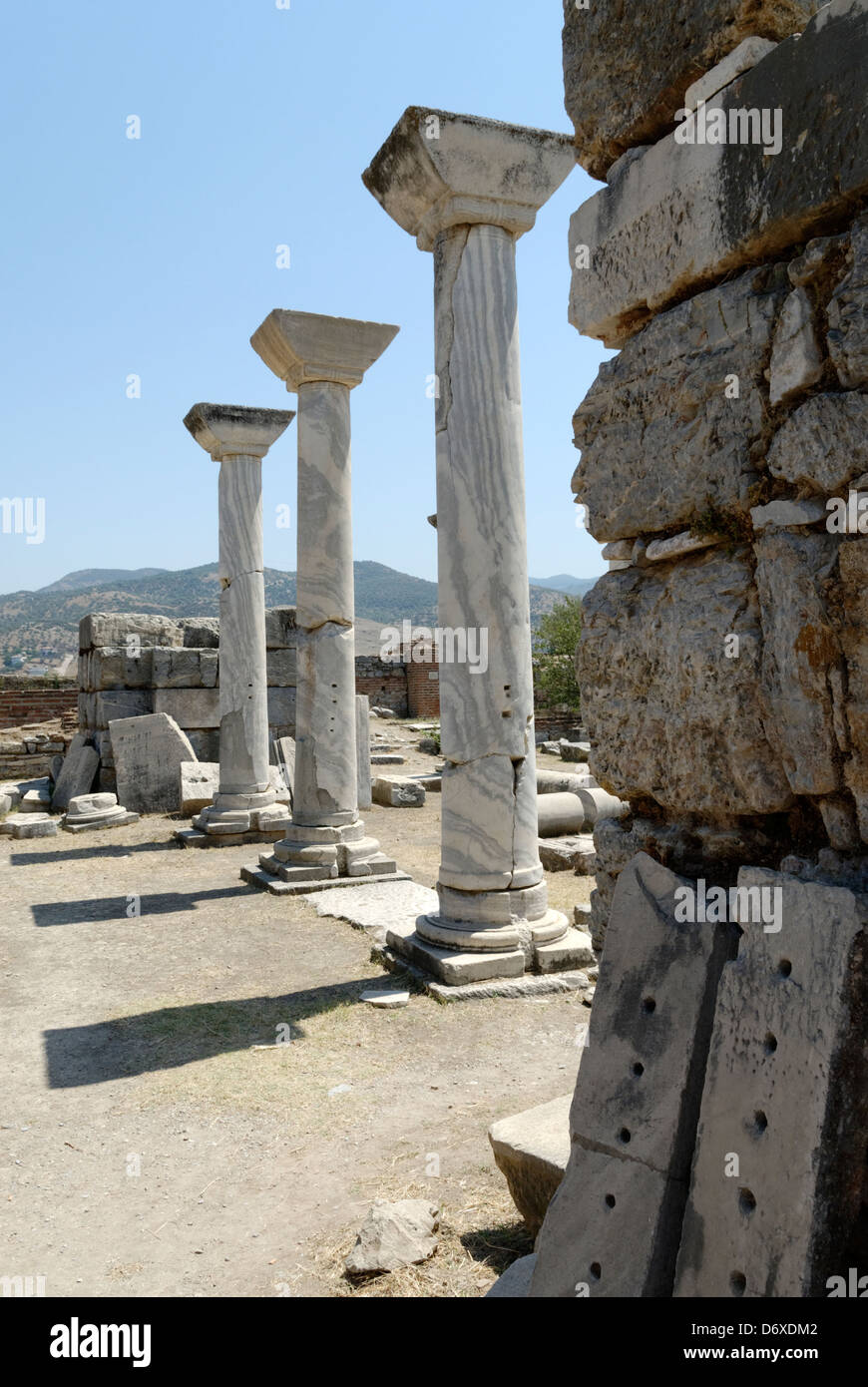 Turkey. Selcuk. View of reconstructed walls and columns of the Basilica ...