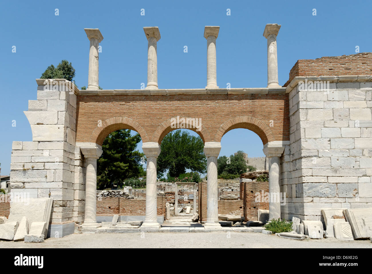 Turkey. Selcuk. View of reconstructed walls and columns of the Basilica ...